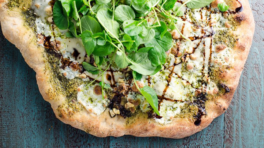 Watercress Pesto Pizza with Blue Cheese and Balsamic Glaze Recipe